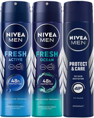 NIVEA MEN Deodorant Combo, Fresh Active, Fresh Ocean, Protect & Care, 150 ml each Deodorant ...