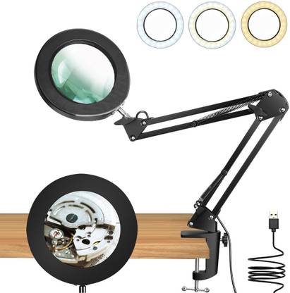pericat Desk LED Magnifier 10X with Flexible Arm USB 3 Color Light for ...