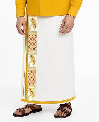 Balaar Royal Kerala Dhoti | Golden Umbrella Embroidery | 2Mtr White ...