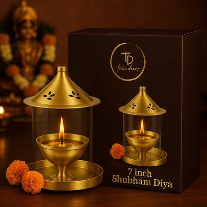 True Décor 7 Inch Shubham Brass Diya With Borosilicate Glass Cover for ...