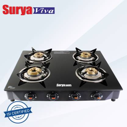 SURYAVIVA Nano 4B BK Toughened 4 Cast Iron (,Black) Glass Manual Gas ...