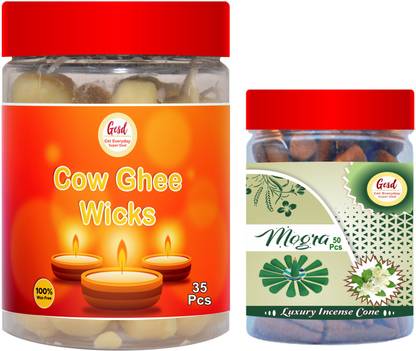 GESD Cow Ghee Diya Wicks for Pooja, Ghee Wicks 35 Pcs, Incense Cones 50 ...