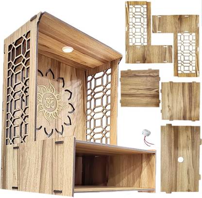OOHM Wooden Mandir Wall Mounted Temple with LED Spot Light (H-15.5", L ...