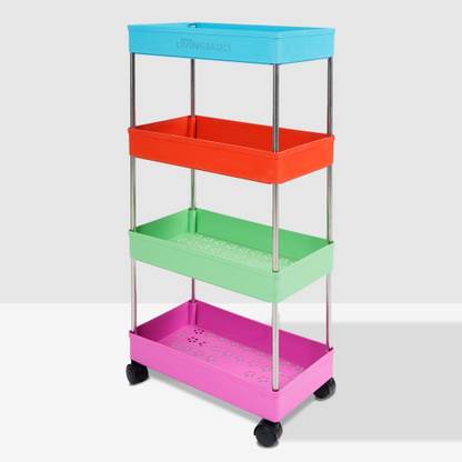 LivingBasics 4 Tier Multipurpose Plastic Storage Rack with Wheels ...