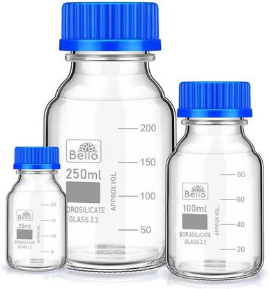 Bello Borosilicate reagent bottle 25ml, 100ml & 250ml with Blue Screw Cap pack of 3 Laboratory ...