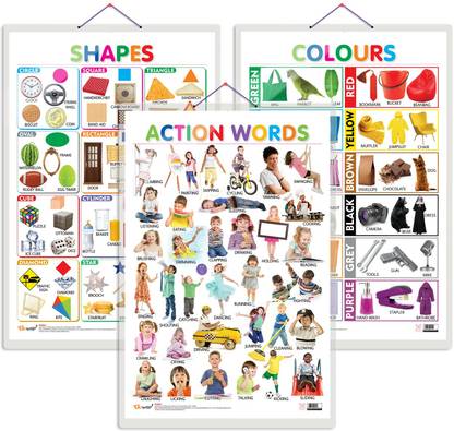 Set of 3 Colours, Shapes and Action Words Chart for Kids | 20"X30" inch ...