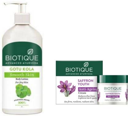 BIOTIQUE Gotu Kola Body Lotion 300 ML & Saffron Youth Cream 50g - Price ...