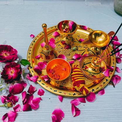 The Healing Store Brass Puja Set Thali 10 Inch with Kuber Diya Ghanti ...