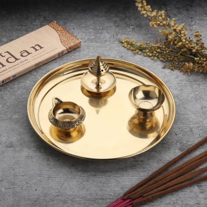DOKCHAN Traditional Handcrafted Brass 8 Inch Puja Thali Aarti Plate Set ...
