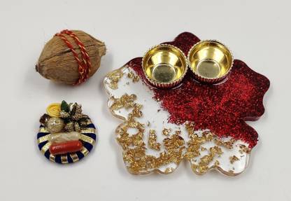 handmadearts Resin Red Flower Shape Roli Chawal ,Haldi Kumkum Thali for ...