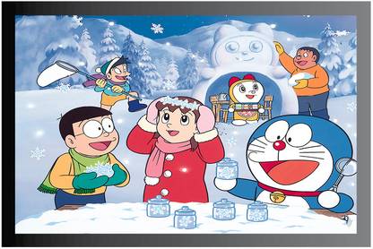Doraemon Cartoon Poster with Frame Gloss Lamination M5 Paper Print ...
