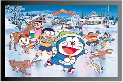 Doraemon Cartoon Poster with Frame Gloss Lamination M7 Paper Print ...