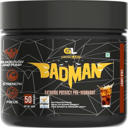 Grow Labz Badman Extreme Potency Pre-Workout 400gm Cola Candy Flavor 50 ...