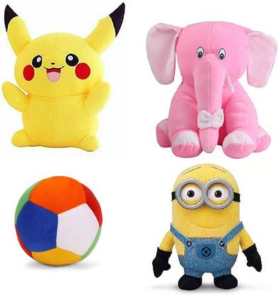 sai ji Stuffed Toy Combo Set of 4 for Kids-Pink Elephant, Pikachu, Ball ...