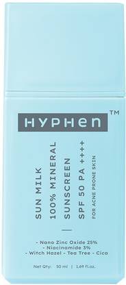 HYPHEN Sunscreen - SPF 50 PA++++ Sun Milk 100% Mineral UV+ Bluelight Protection| Sensitive, Acne ...