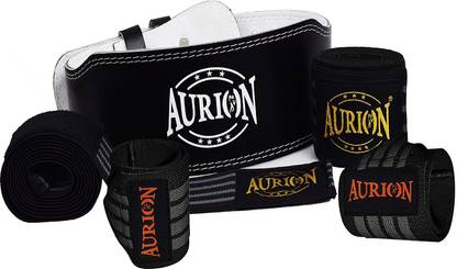 Aurion Genuine Leather Super Gym Belt Black With Knee Wraps and Wrist ...