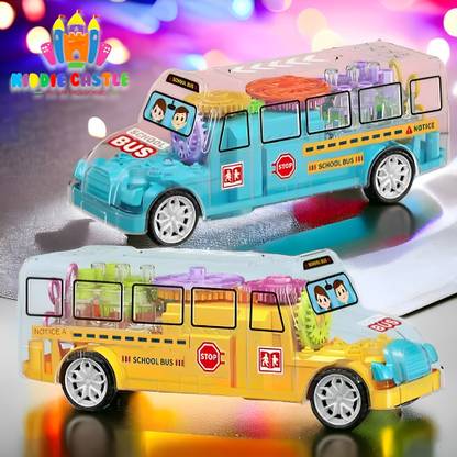 Kiddie Castle School Bus Model Transparent Gear With Light Music & Bump ...