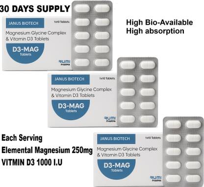 Janus Biotech D3-MAG Tablets Magnesium Glycine 250mg Vitamin D3 1000 I ...