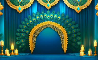 Sanskriti Peacock Feather & Golden Arch Fabric Backdrop – Pooja ...