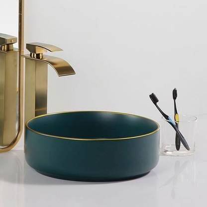 WASHBASIN Tabletop Wash Basin Green Golden Colour Round Shape (15X15X5 ...