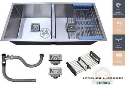 chirag Kitchen Sink 37 Inch (37x18x10) Double Bowl Handmade SS304 Stainless Steel Sink CSS3718M ...