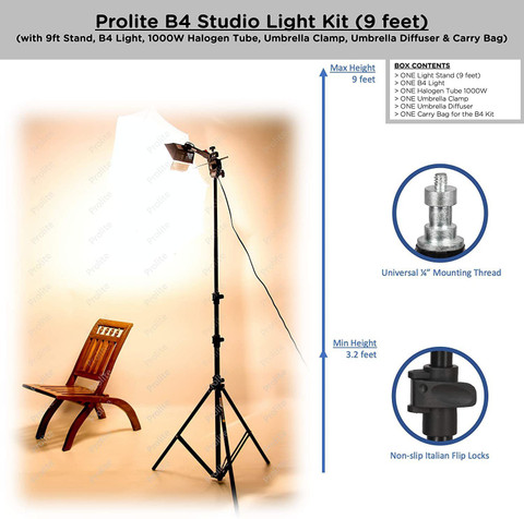 Prolite Studio B4 Continuous/Video Light Kit with 9 ft Light Stand, B4 ...