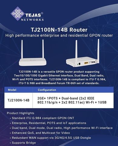 Tejas Networks TJ2100N-14B GPON ONT | Dual Band Dual Antenna WiFi ONU ...