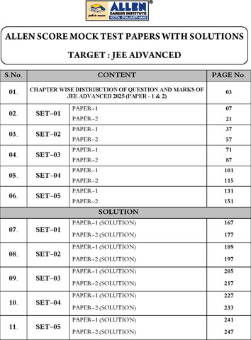 ALLEN SCORE 10 Test Papers with Solutions (Paper 1 & 2) for JEE ...