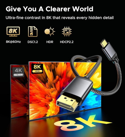 Tobo Type C 3 m USB C to DisplayPort 1.4 Cable 8K@60Hz, 4K@240Hz/144Hz ...