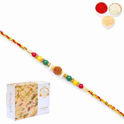 Ghasitaram Gifts Y-124 Rudraksh Rakhi with 200 gms of Soan Papdi Paper ...