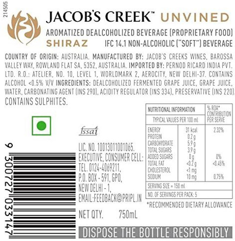 Jacob's Creek Non Alcoholic Red Wine De Alcoholized Price in India ...