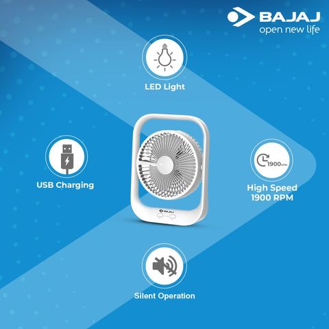 BAJAJ Pygmy Personal Fan with LED Light White (251284) 178 mm Silent ...