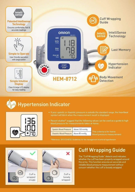 OMRON HEM-8712 One-Touch Use, IntelliSense Tech - Automatic Digital ...