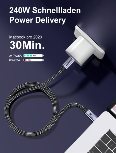 GenuineXER USB Type C Cable 1.2 m 20Gbps Data Transmission, 240W Fast ...