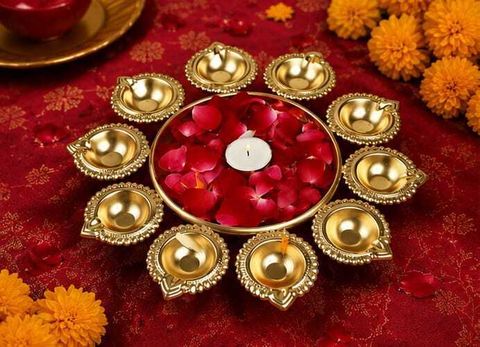 ZUNISHOP Luxury Golden Metal Diya Urli Bowl Set for Home Decor & Diwali ...