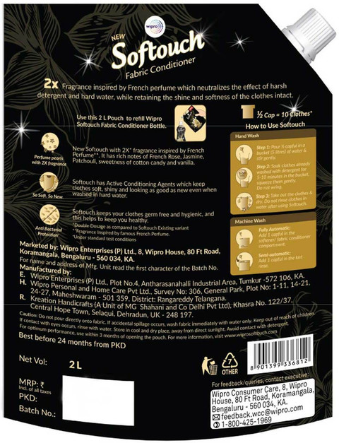 Softouch by Wipro 2X French Perfume Liquid Fabric Conditioner with ...