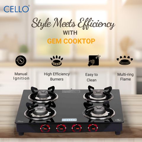 CELLO Gem 4 Burner Red Manual Ignition LPG Glass Top Gas Stove, ISI ...