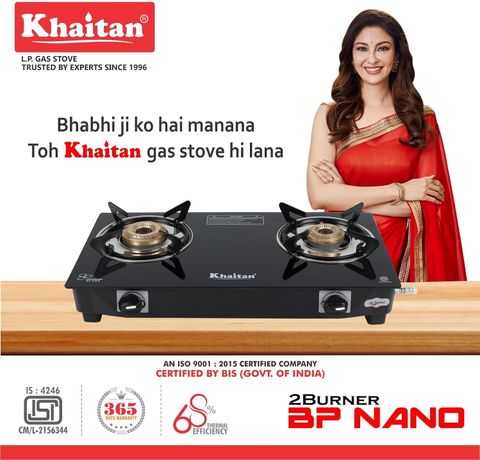 Khaitan Combo 2 Burner BP-NANO MS Black (with 2 Gas Savers) Toughened ...