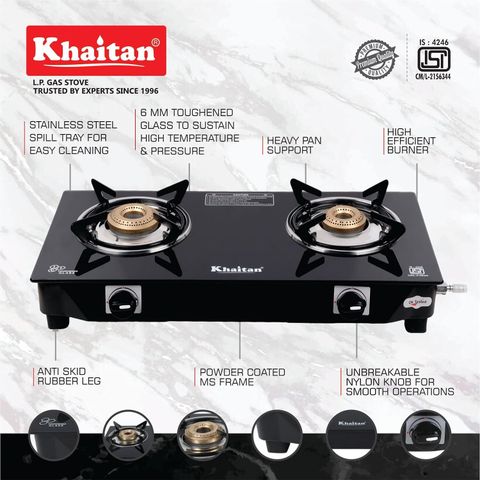 Khaitan Combo 2 Burner BP-NANO MS Black (with 2 Gas Savers) Toughened ...