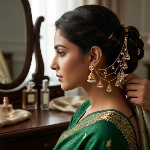 Carat & Clip Jhumar Pearl Drop Ear Chain | 5-Strand Gold Bridal Ear ...