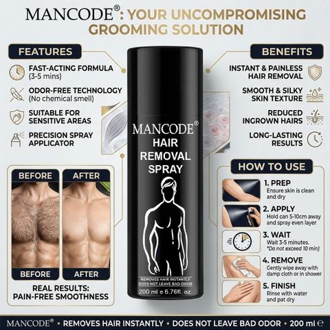 MANCODE Painless Hair Removal Spray Cream for Chest, Back, Legs & Under ...