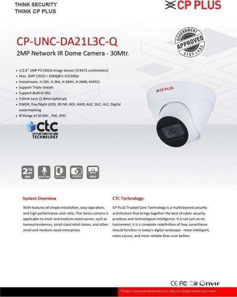 CP PLUS 2MP Network IR Dome Camera - 30Mtr.(CP-UNC-DA21L3C-Q) Security ...