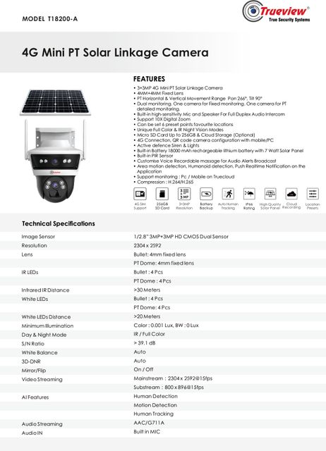 Trueview T18200 4G Mini PT Solar Linkage 3MP+3MP Dual Intelligent ...