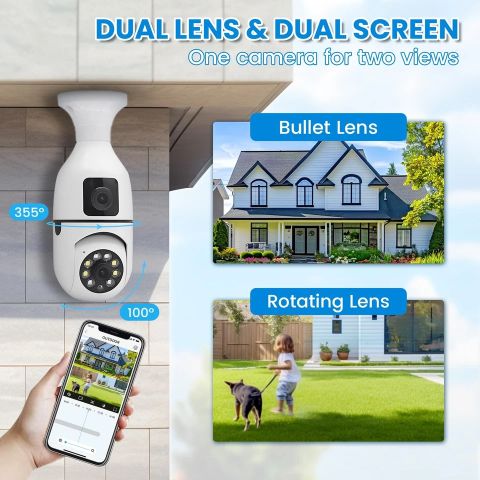 Cxoen Bulb 5MP Dual Lens PTZ Camera Outdoor 360° Smart CCTV WiFi ...