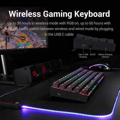 Redragon K599 Diemos TKL RGB Backlit (red switches) Wireless Tenkeyless ...