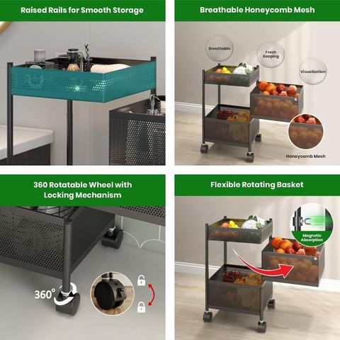Oceanix 3-Tier Kitchen Trolley with Wheels/Onion Potato Rack Iron ...