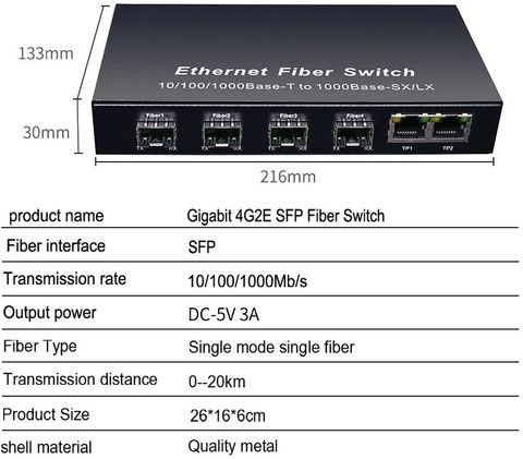 HANUTECH 6 Port Gigabit Ethernet Fiber Switch 4 SFP Fiber Port 2 RJ45 ...
