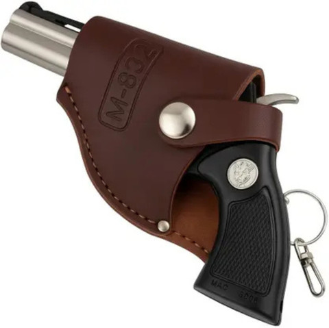 VNS Gun-Shaped Refillable Lighter in Leather Holster with Keychain Ring ...