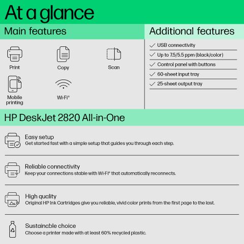 HP DeskJet 2820 All-in-One Multi-function WiFi Color Inkjet Printer for ...