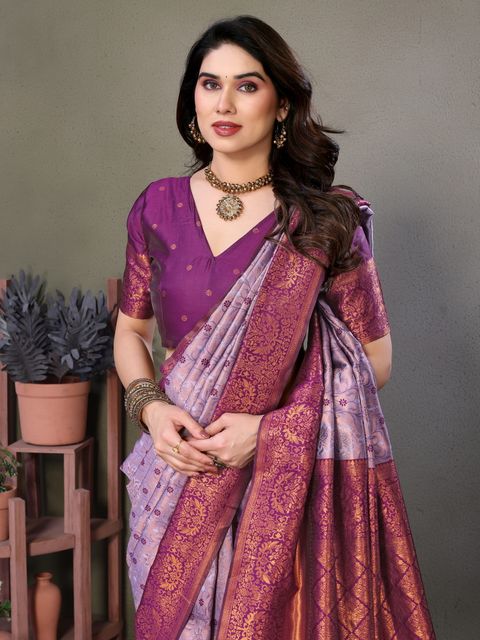 Buy fabguru Woven, Self Design Kanjivaram Silk Blend Purple Sarees ...